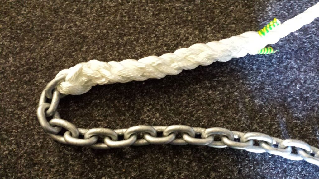 10mm 3 strand white nylon anchor rope spliced to 6mm galvanised short ...